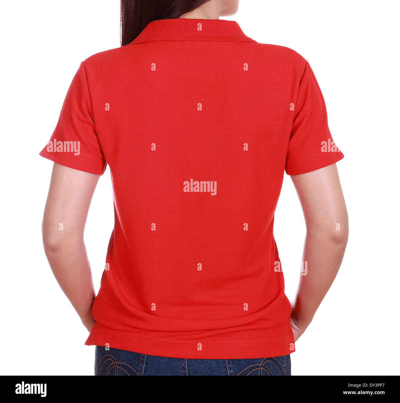 close-up female with blank red polo shirt (back side) isolated on white ...
