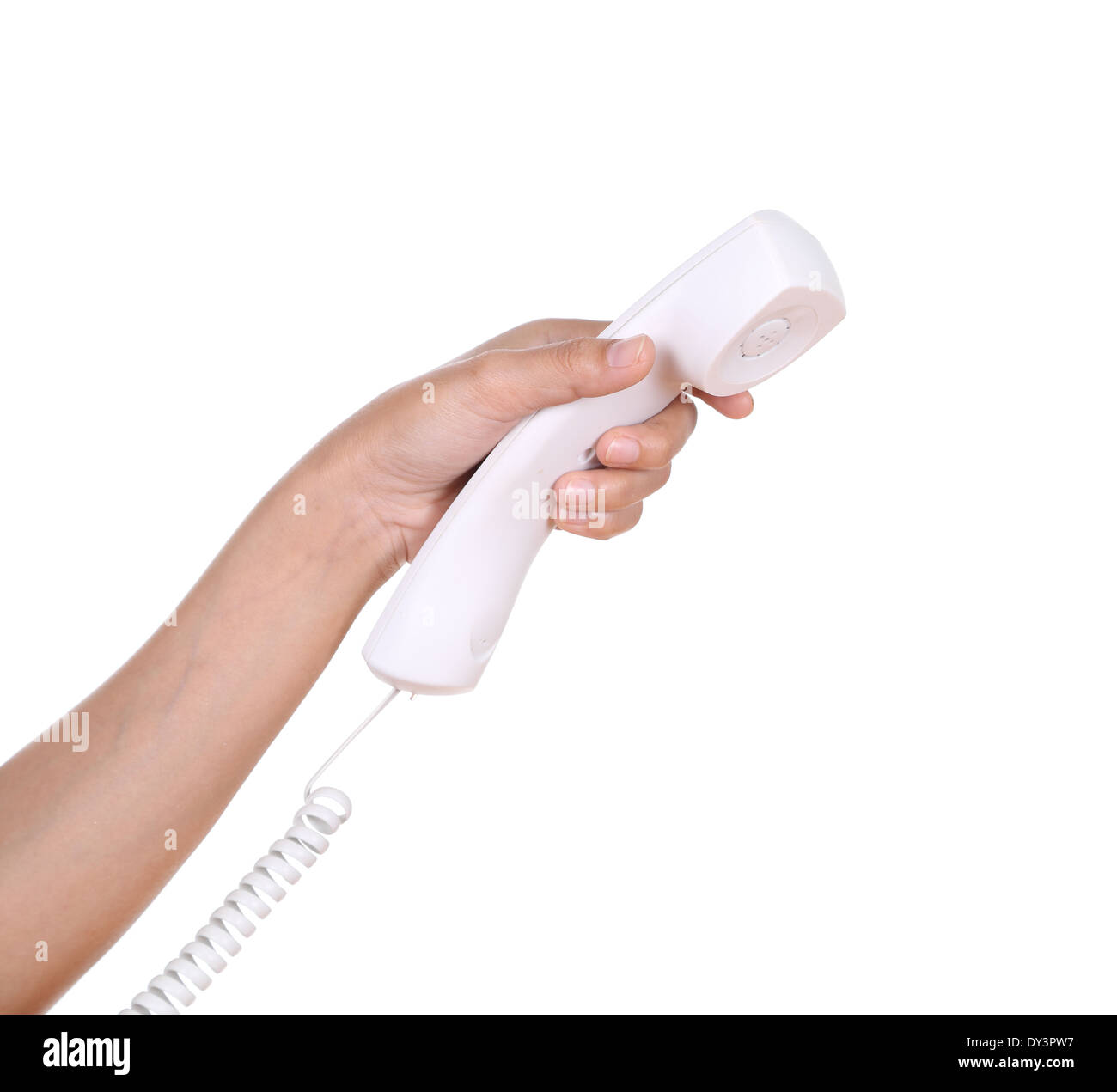 Hand holding white telephone tube isolated on white background Stock ...