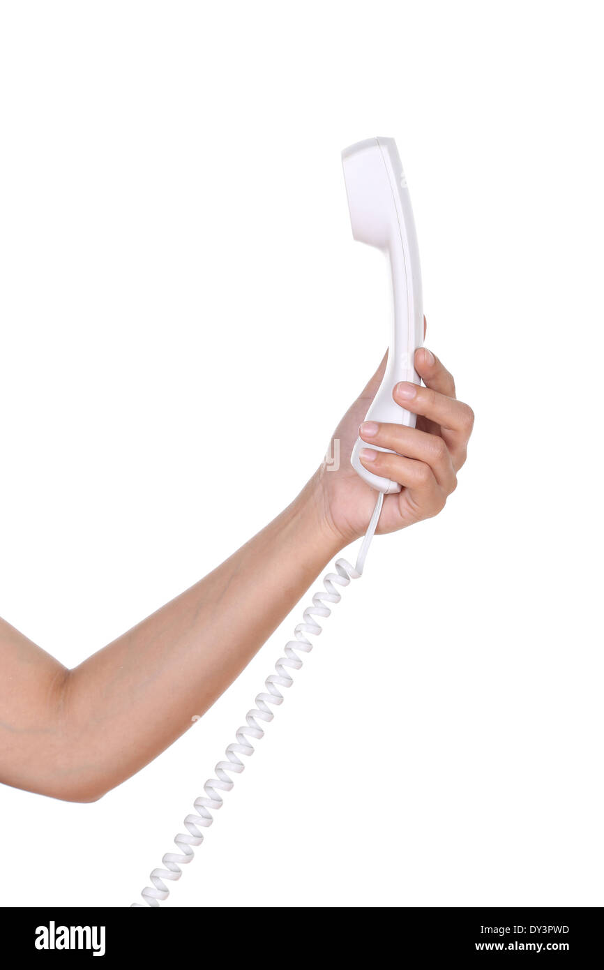 Hand holding white telephone tube isolated on white background Stock ...