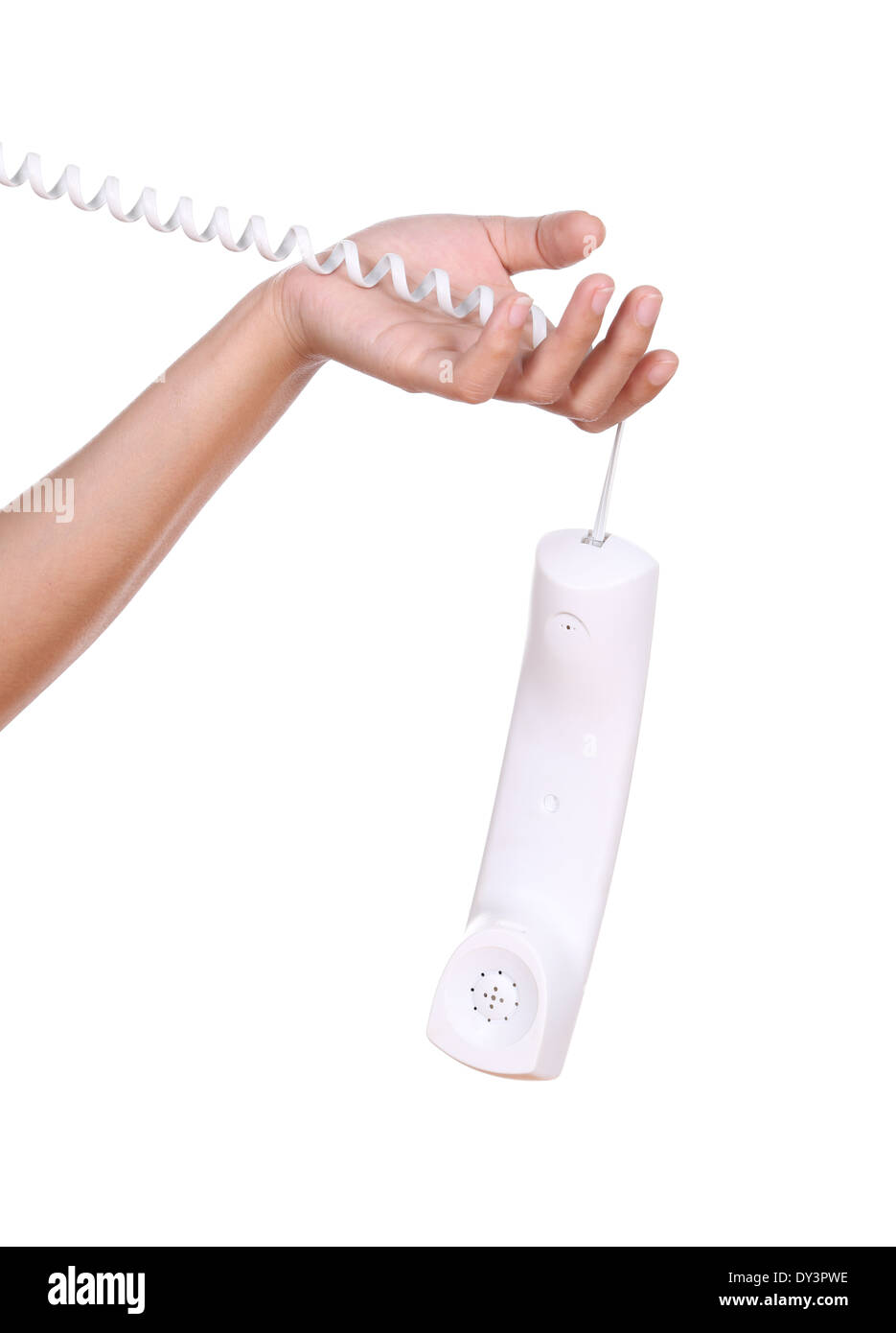 Hand holding white telephone tube isolated on white background Stock ...
