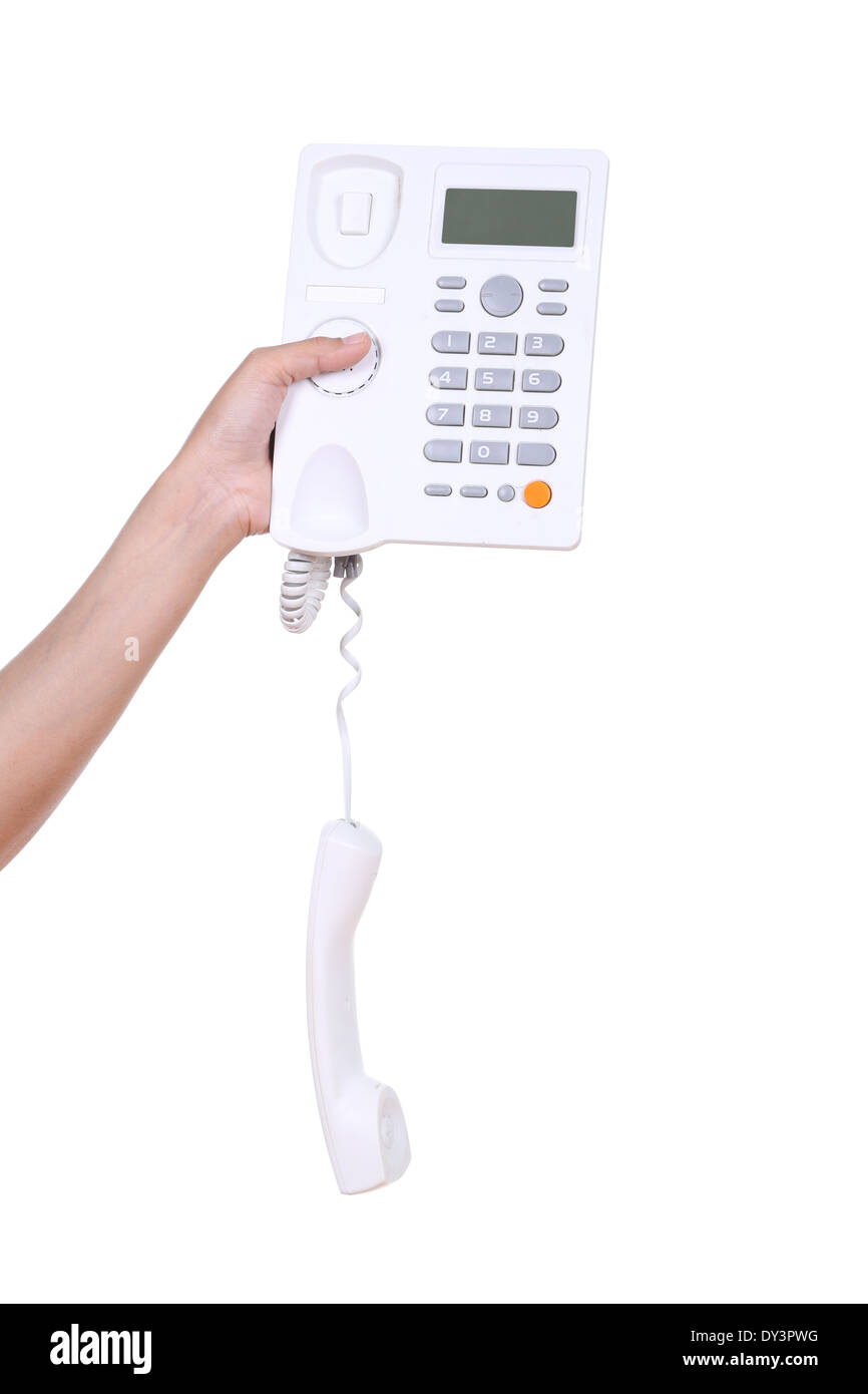 Hand holding white telephone isolated on white background Stock Photo ...