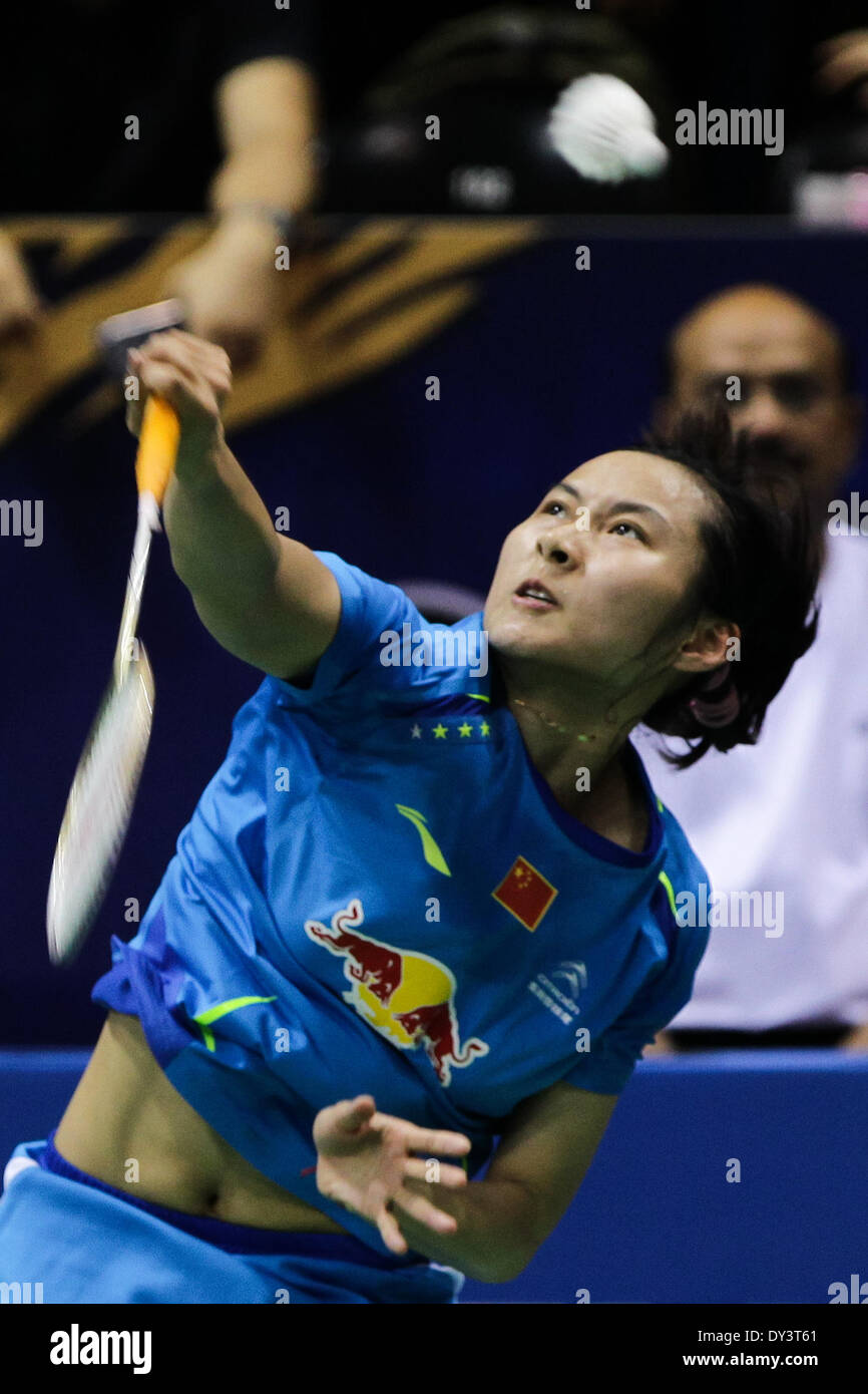 New Delhi, India. 5th Apr, 2014. Wang Yihan of China hits a return ...
