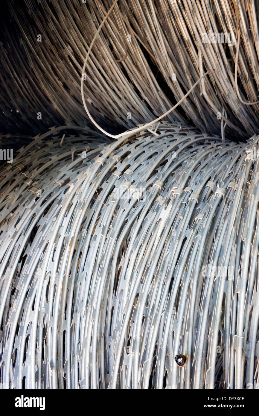Razor wire is wound in a police machine at Freedom Park in Phnom Penh ...