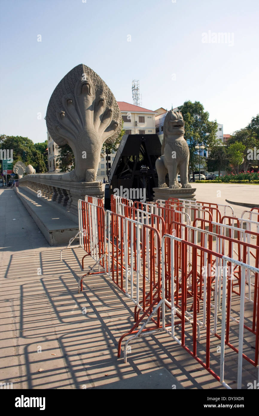 Police barricades are stored on Naga Bridge near Freedom Park in Phnom ...