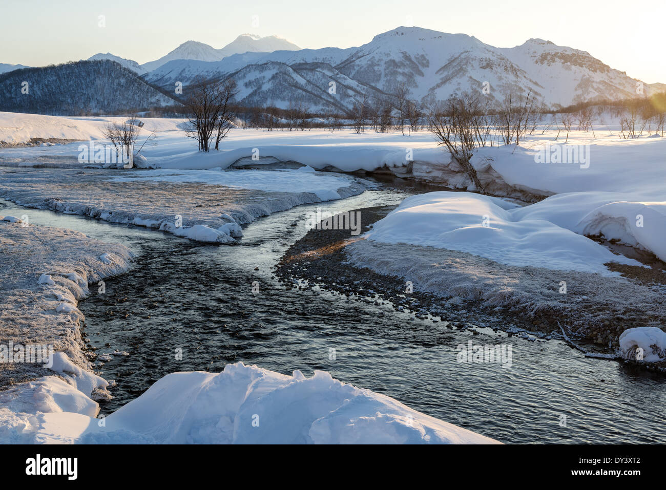 View of Nalychevo Nature Park and Zhupanovsky volcano at sunrise Stock ...