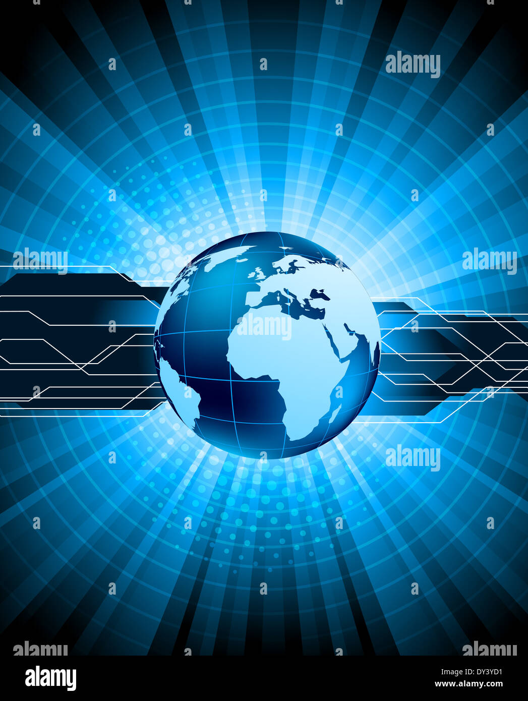 Bright blue tech background with globe and ray Stock Photo - Alamy
