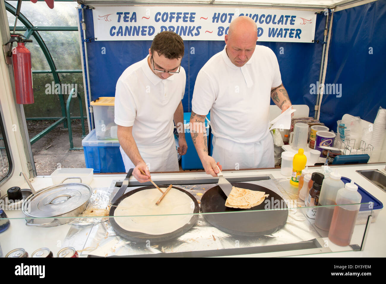 Crepes being cooked to men at The Thriplow Daffodil Festival Stock ...