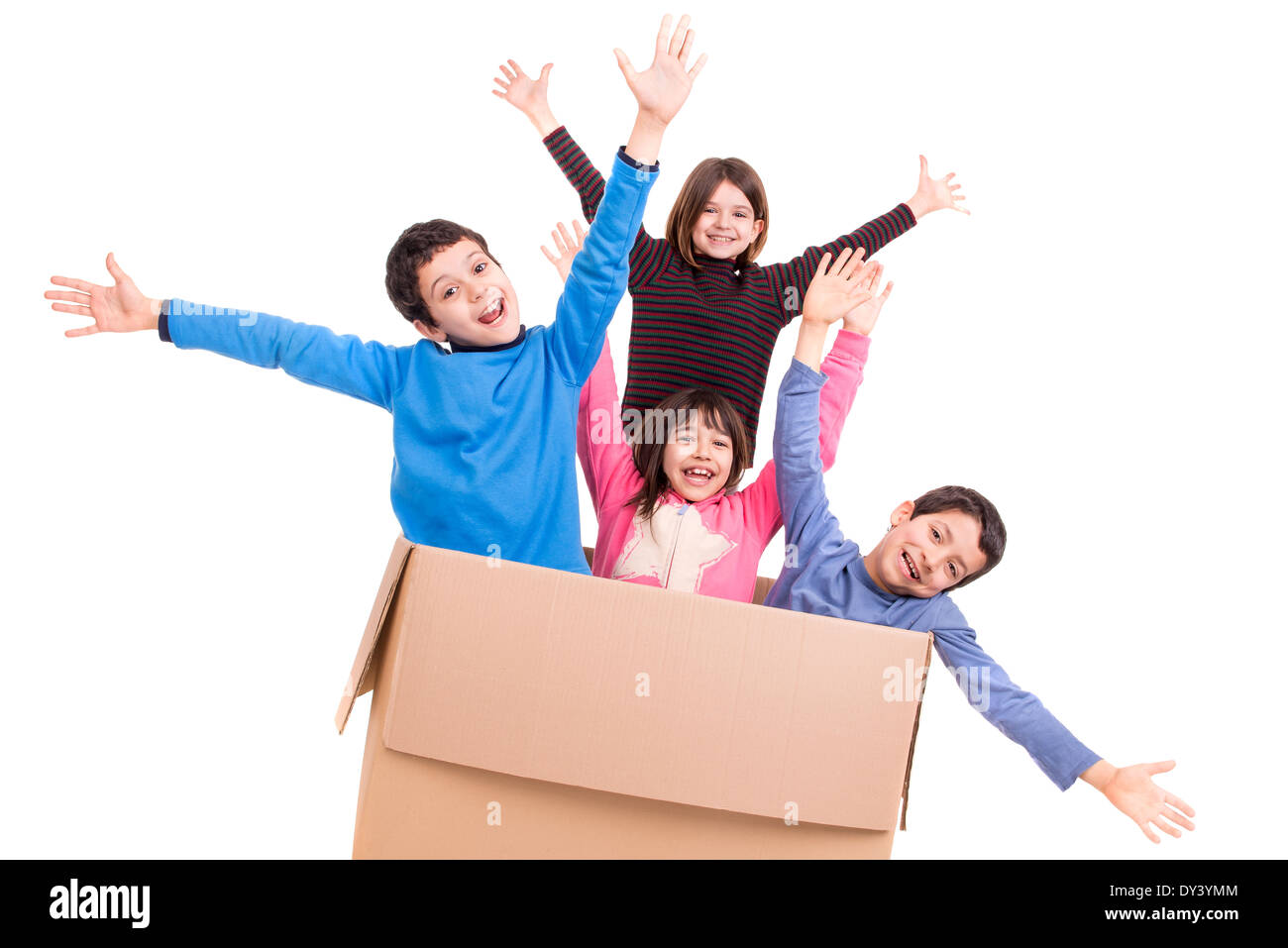 Happy kids inside a cardboard box isolated in white Stock Photo - Alamy
