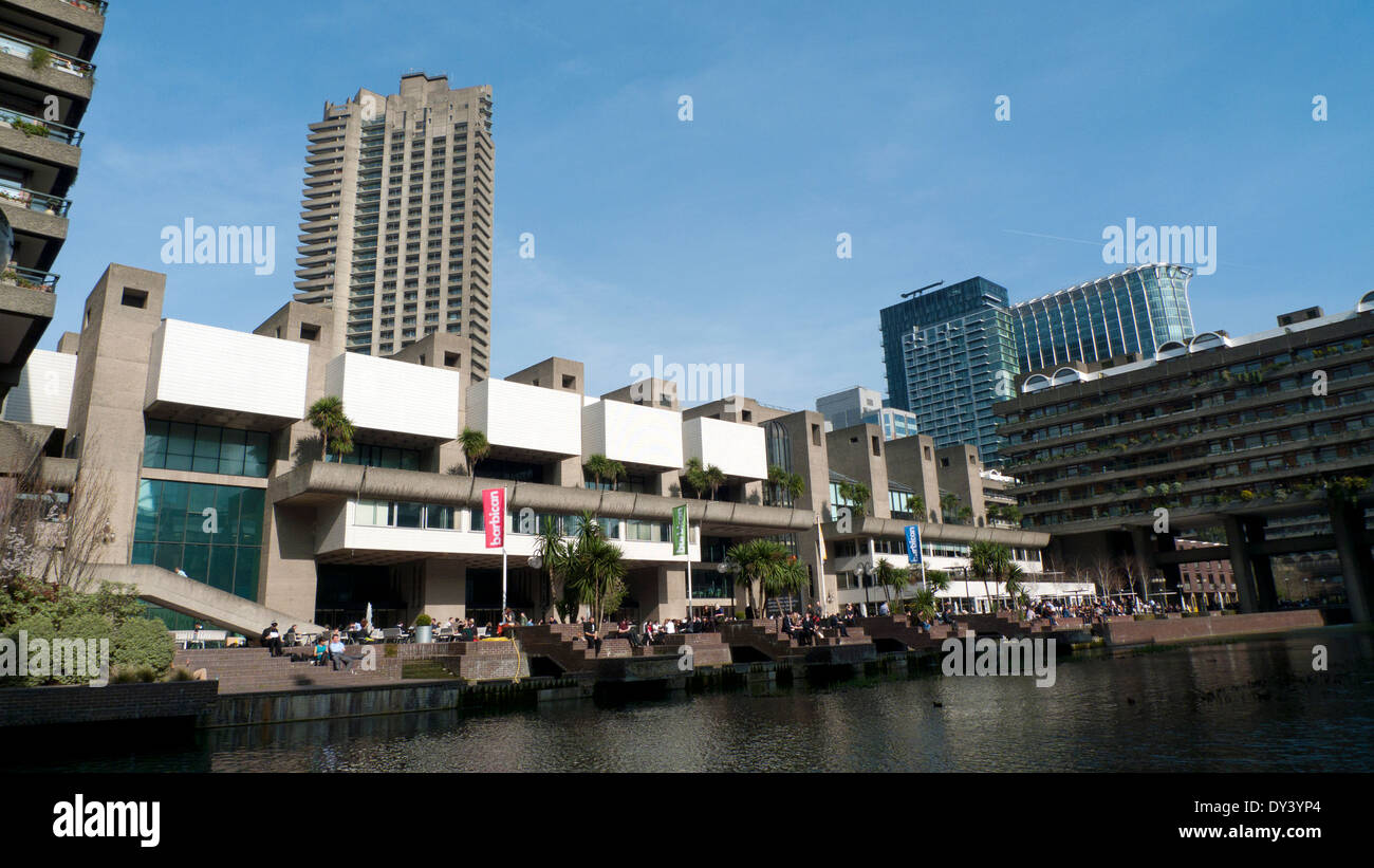 View of people outside at the Barbican Centre exterior plaza restaurant ...