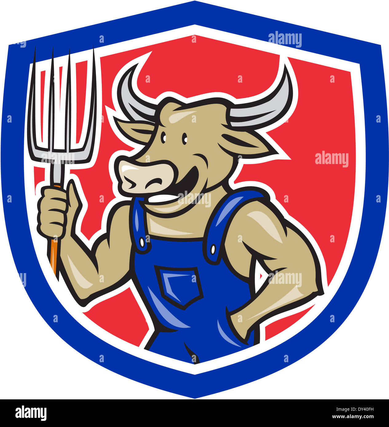 Illustration of farmer cow bull facing front laughing holding a pitch ...