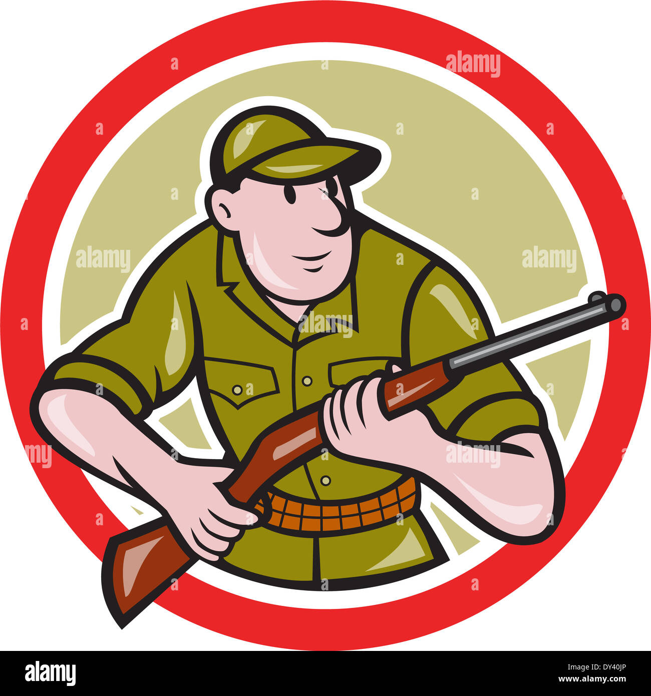Illustration of a hunter carrying rifle facing front set inside circle ...