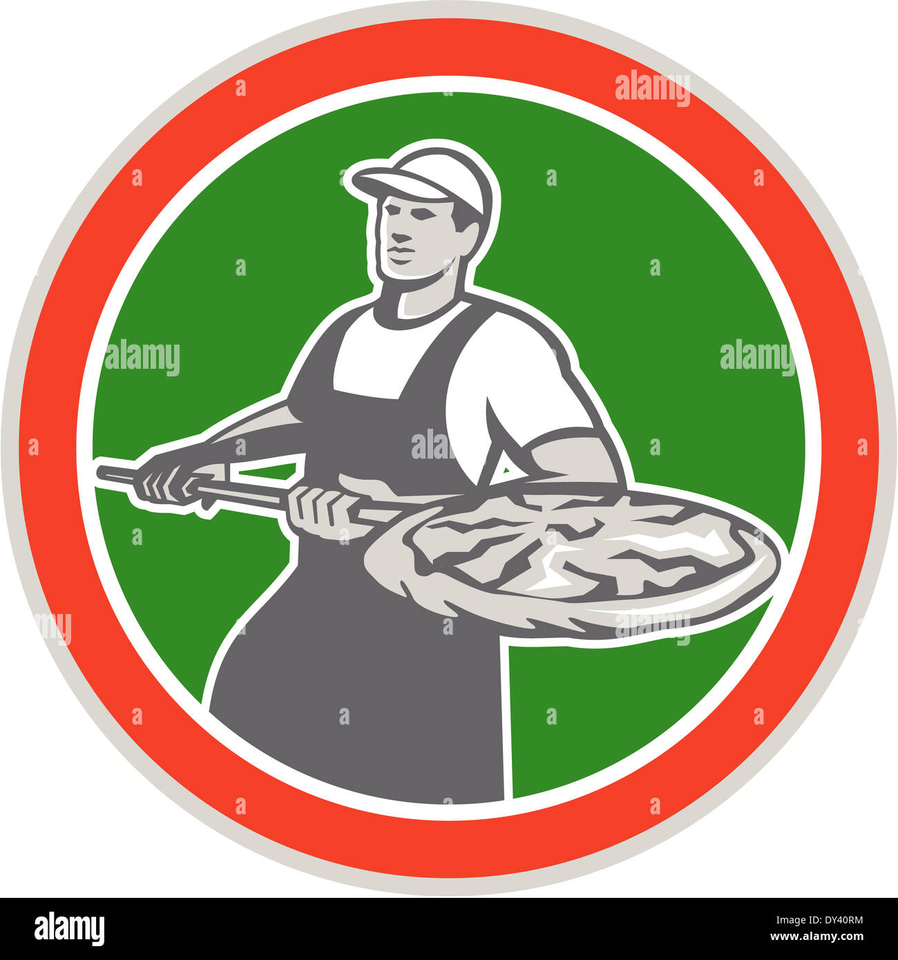 Illustration of a baker holding a peel with pizza pie facing front set ...
