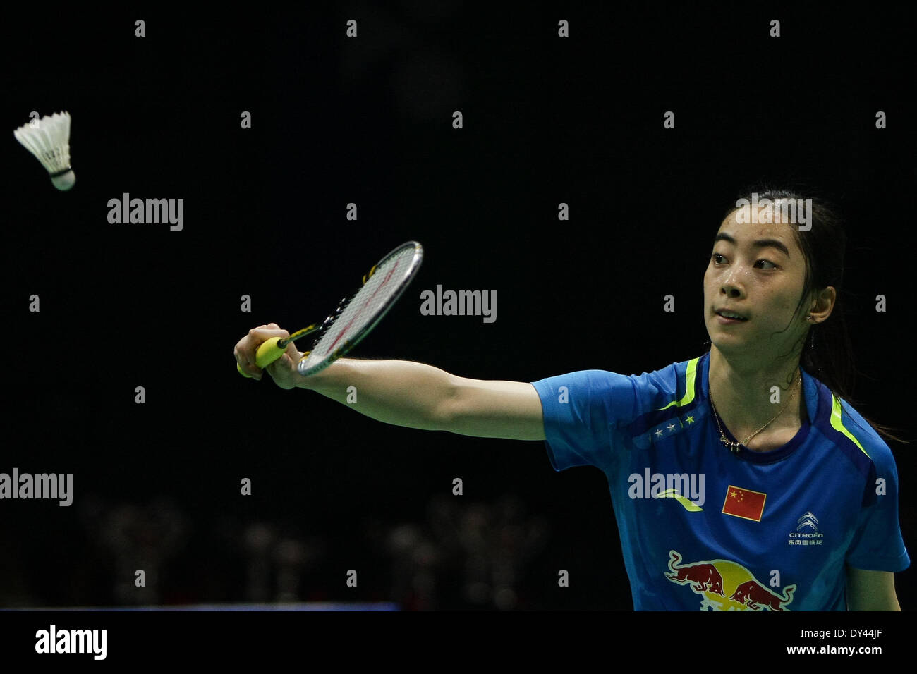 New Delhi, India. 6th Apr, 2014. Chinese player Wang Shixian returns a ...