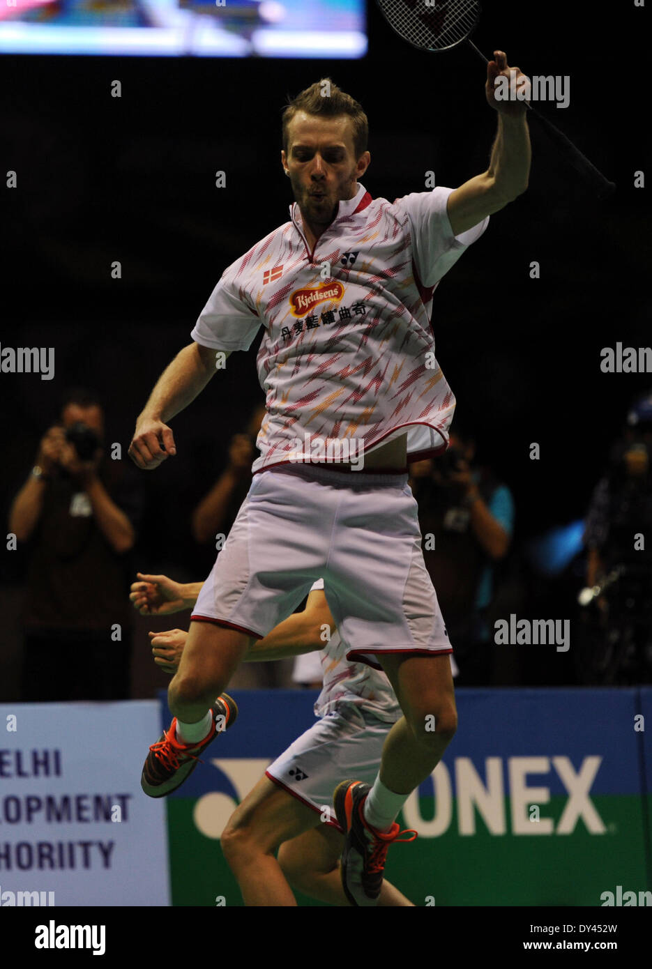 New Delhi, India. 6th Apr, 2014. Carsten Mogensen of Denmark celebrates ...