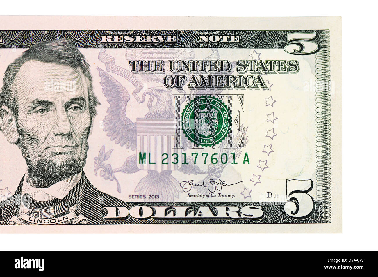 The five dollars isolated on white background Stock Photo - Alamy