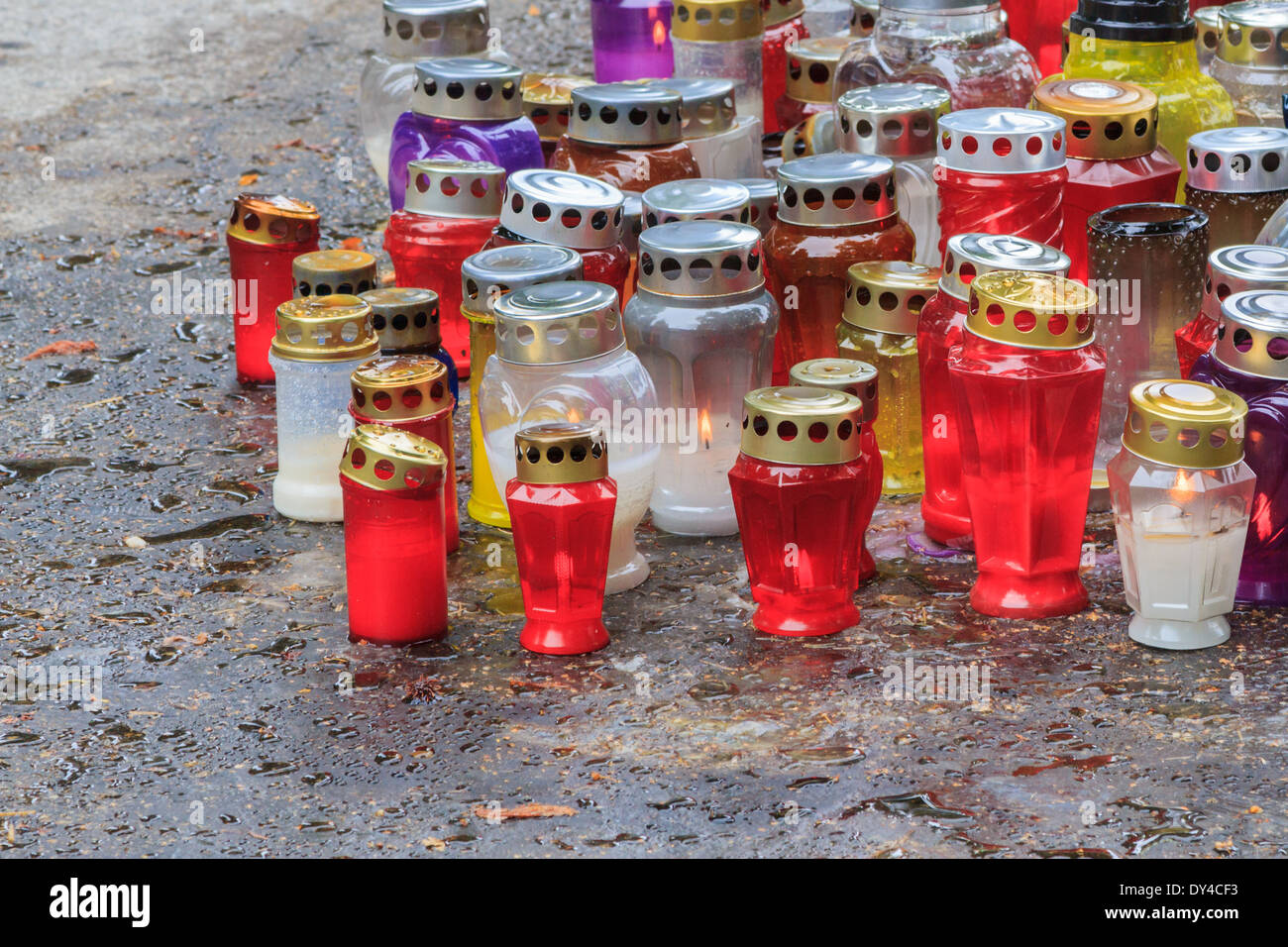 A set of grave candles on a cemetery named Mirogoj in Zagreb, Croatia ...