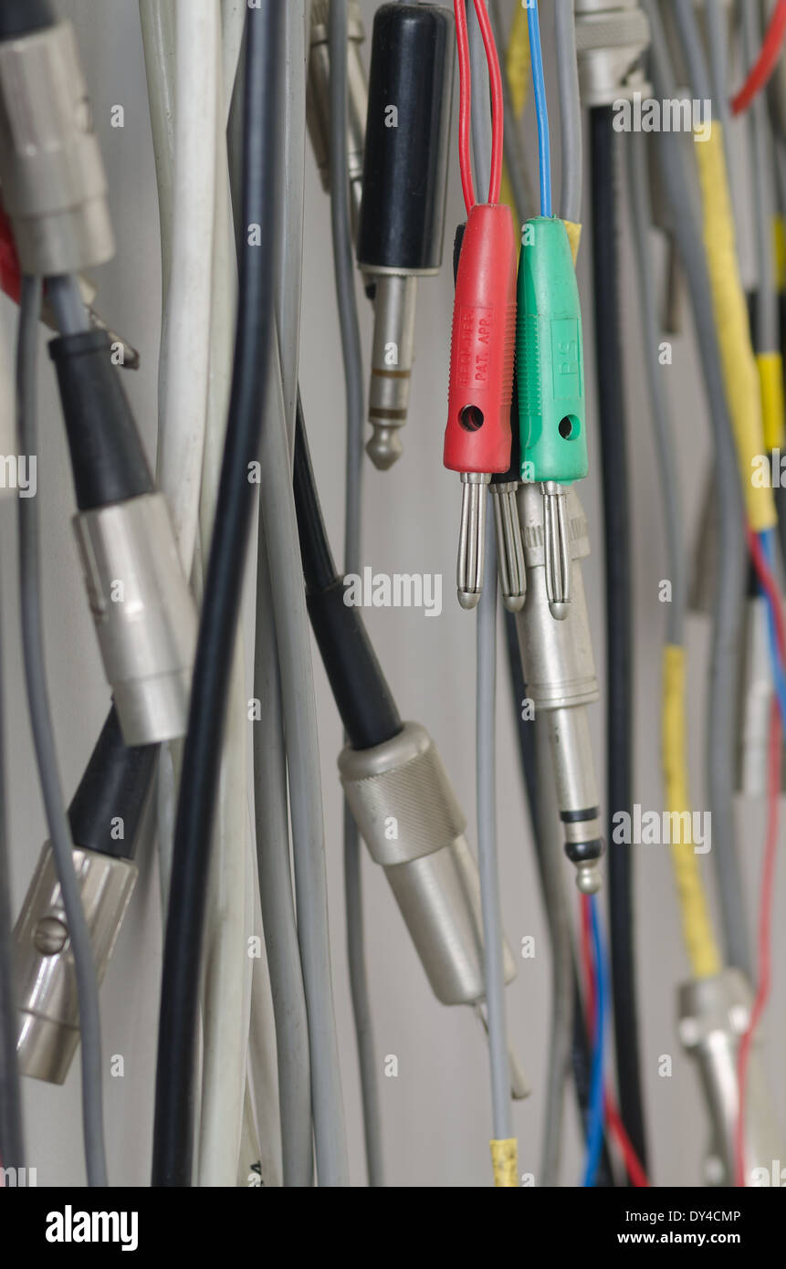 mass of electrical wires cables used for testing experiments phono jack ...