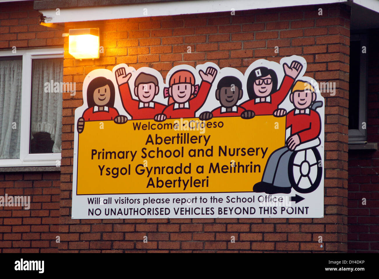 Bi lingual Welcome Sign on the entrance to Abertillery Primary School ...