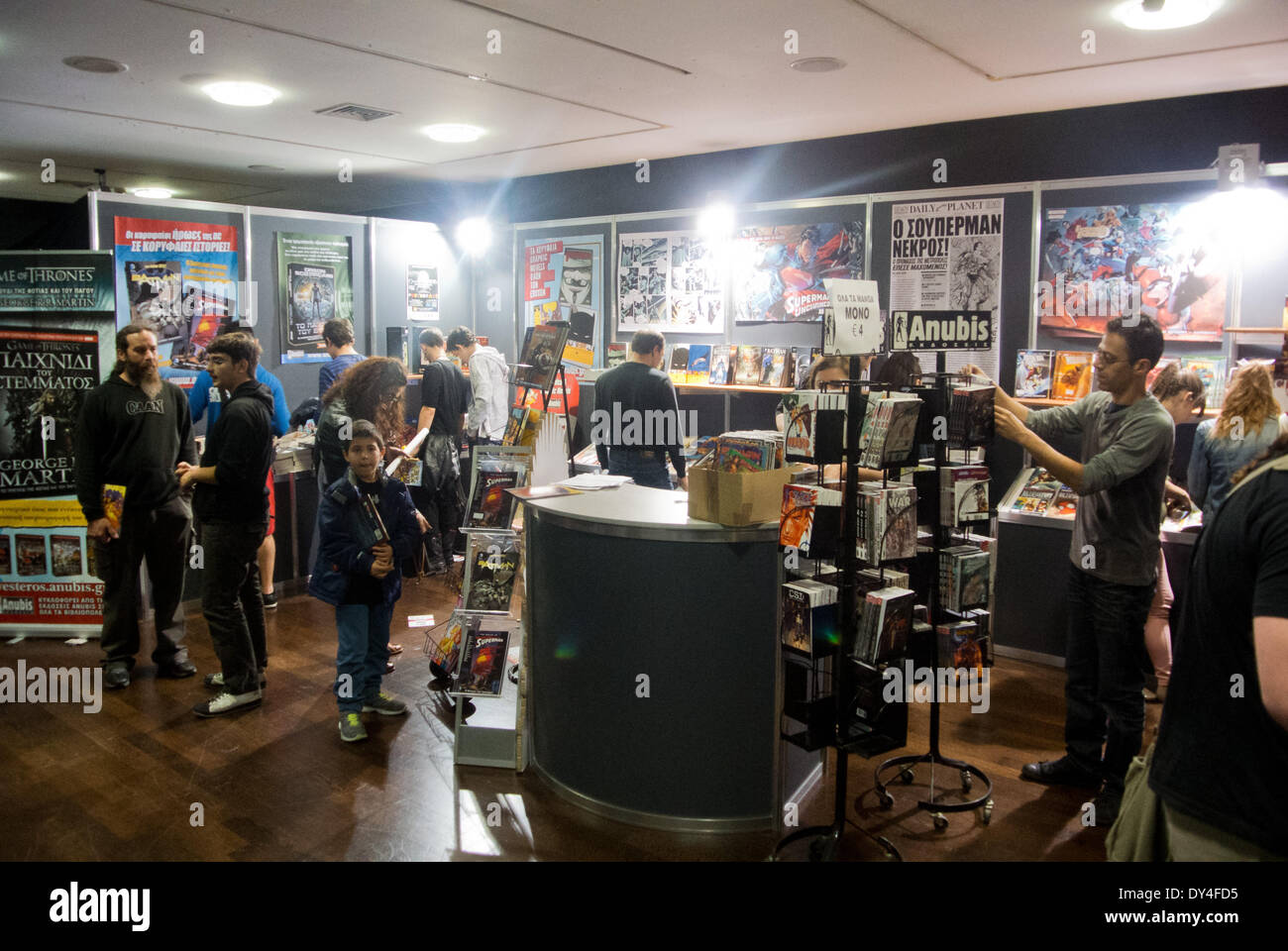 ATHENS, GREECE- APRIL 6: Various Greek comic book retailers has kiosks ...