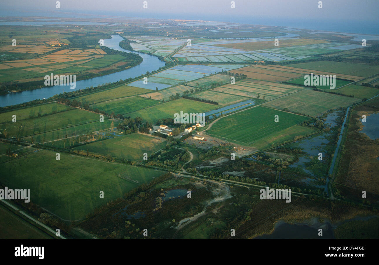 Aerial views over agricultural and farm land, originally marshland and ...