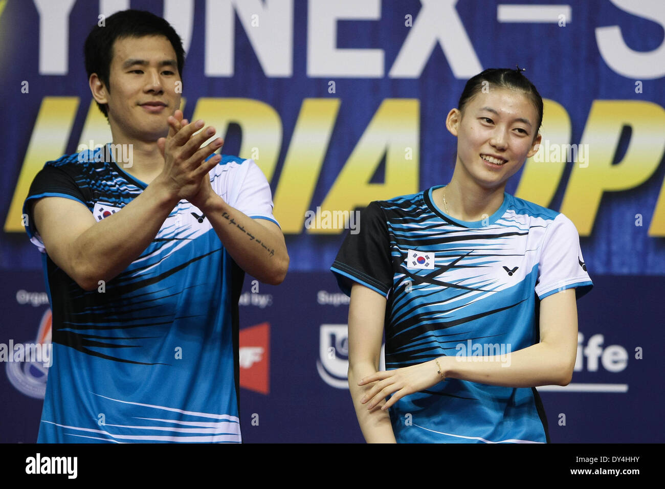 New Delhi, India. 6th Apr, 2014. Ko Sung Hyun (L) and Kim Ha Na of ...