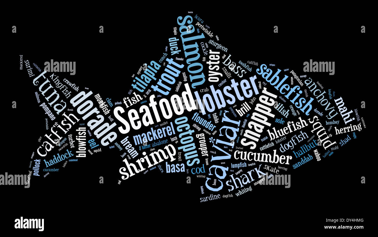 Seafood word cloud in shape o fish on black Stock Photo - Alamy