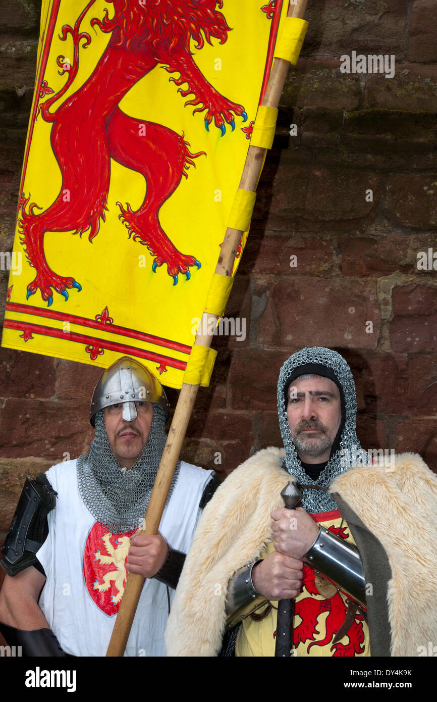 Battle flags and soldiers at Arbroath, Scotland, UK 6th April, 2014 ...