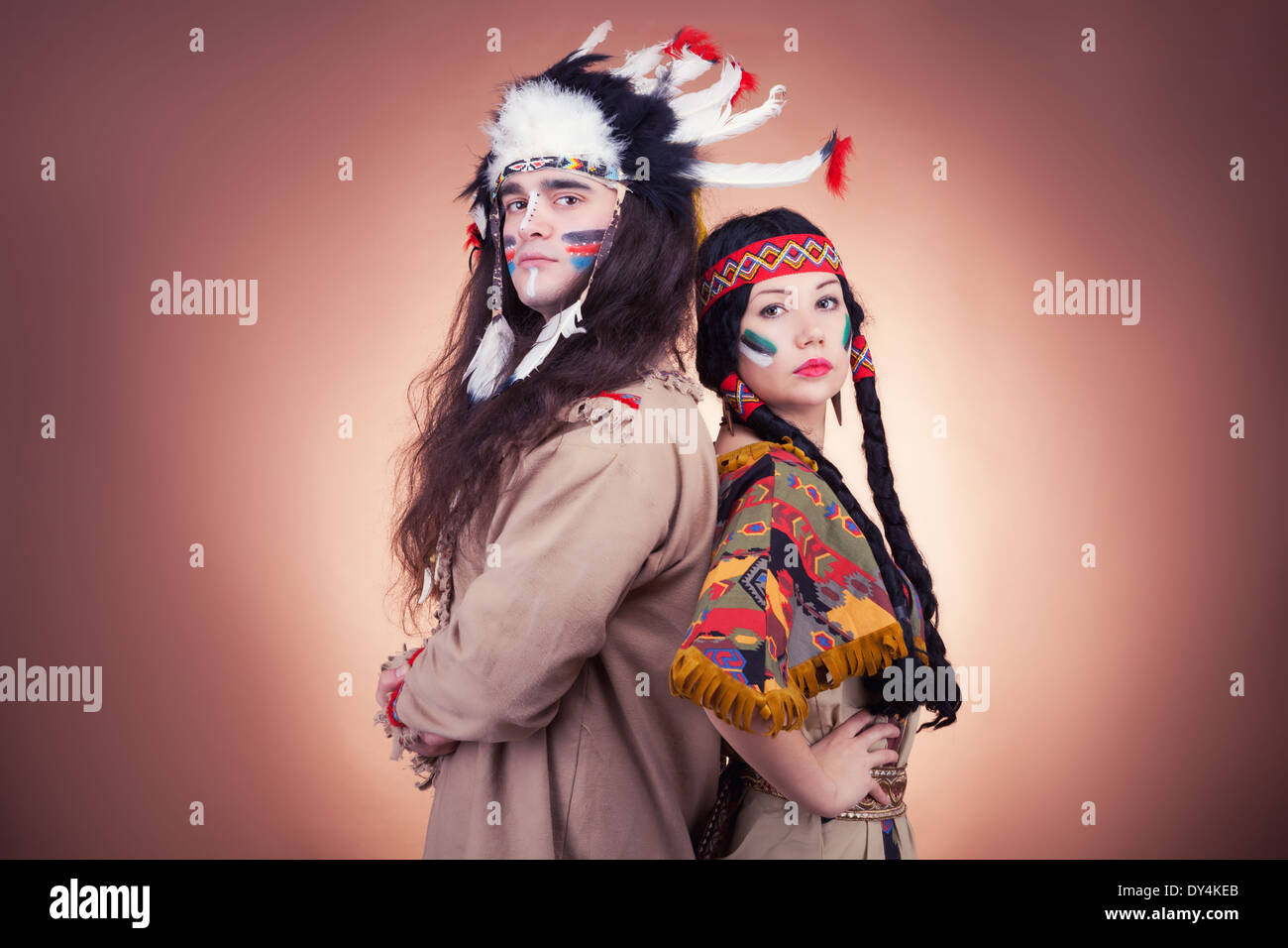 Native american couple vintage image on brown background. Studio ...