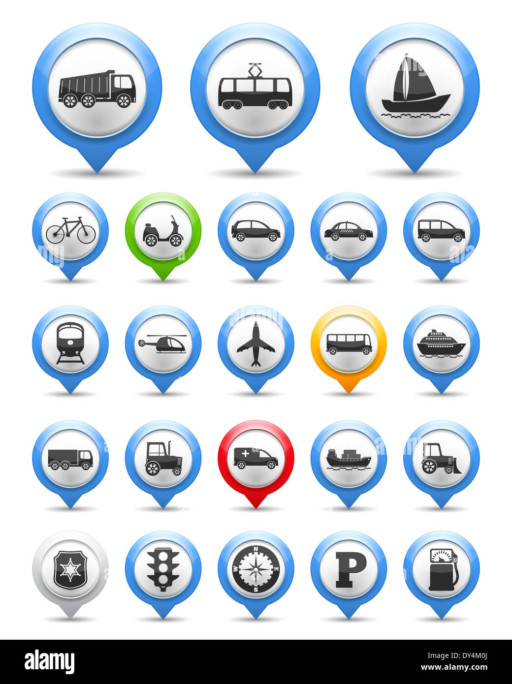 Collection of map markers with transport icons Stock Photo - Alamy