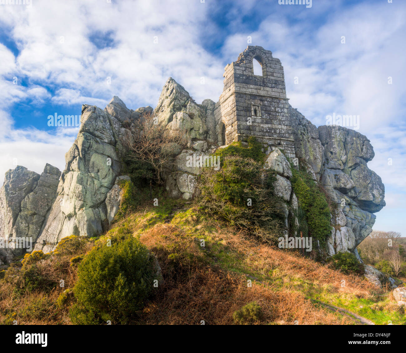 Ruins of St Michaels Chapel on the granite outcrop known as Roche Rock ...