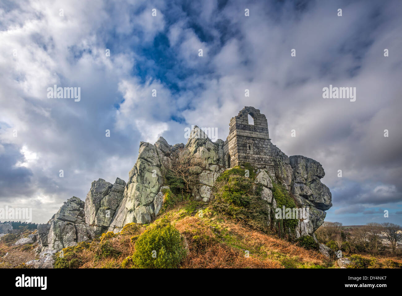 Ruins of St Michaels Chapel on the granite outcrop known as Roche Rock ...