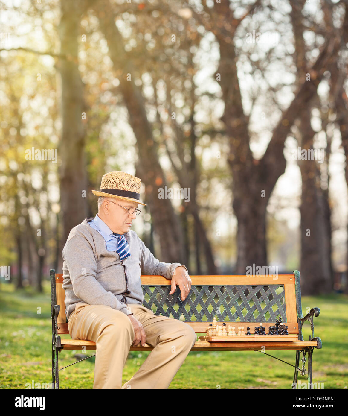 Senior playing chess alone seated on bench in park Stock Photo - Alamy