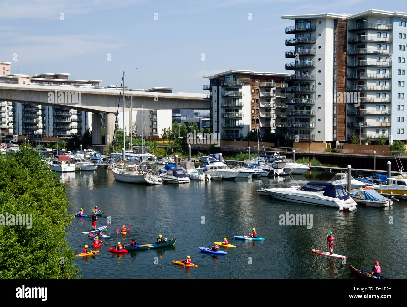 Group of children Kayaking on River Ely, Cardiff Bay, Wales Stock Photo ...