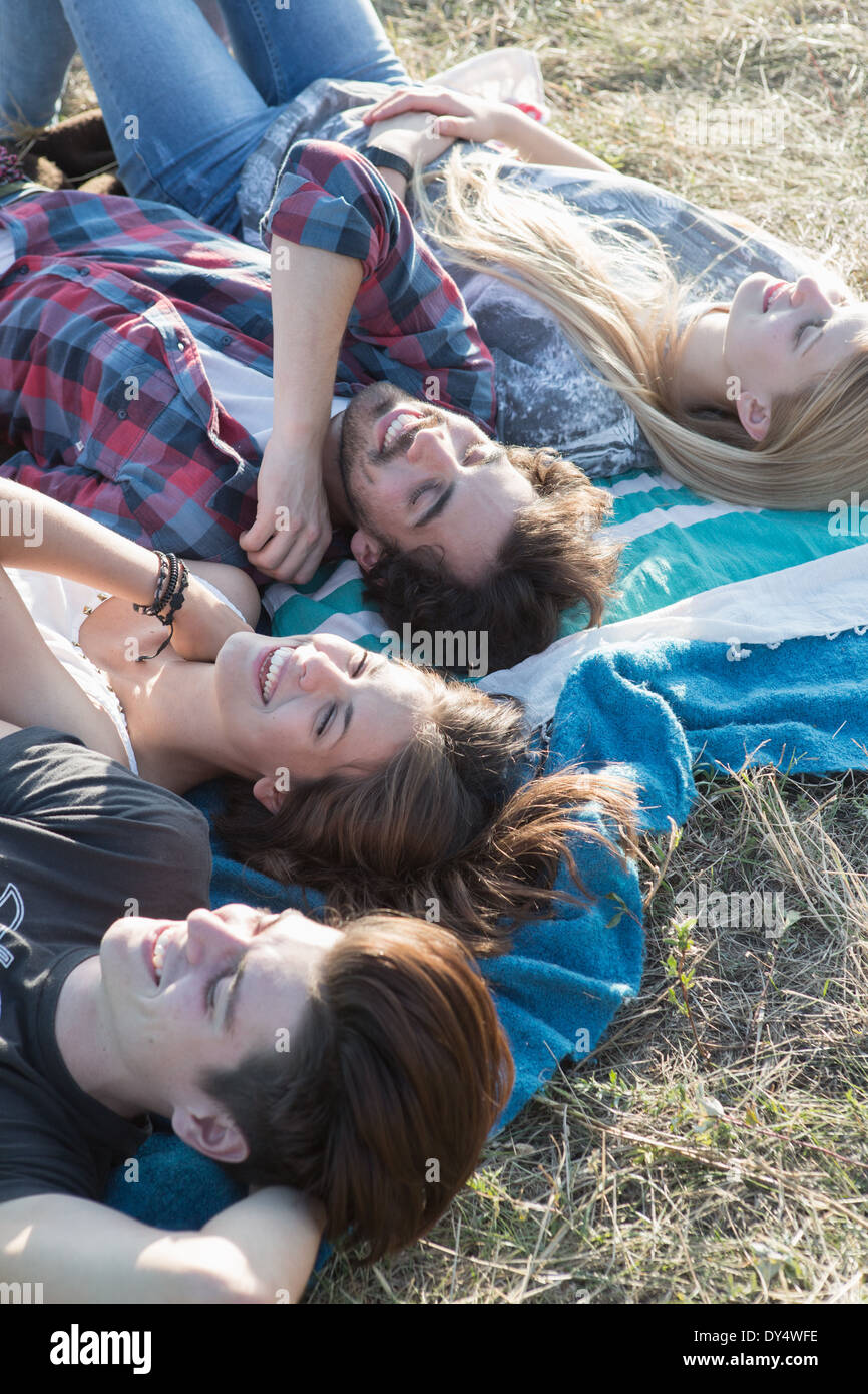 Four friends lying on blanket Stock Photo - Alamy
