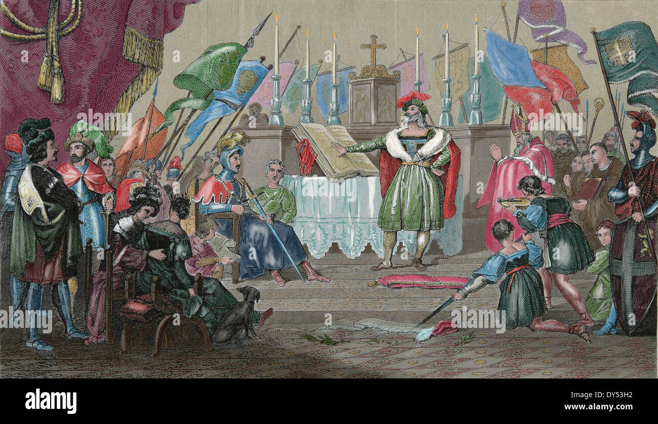 Young knight taking the solemn oath on the altar. Engraving. (Later ...