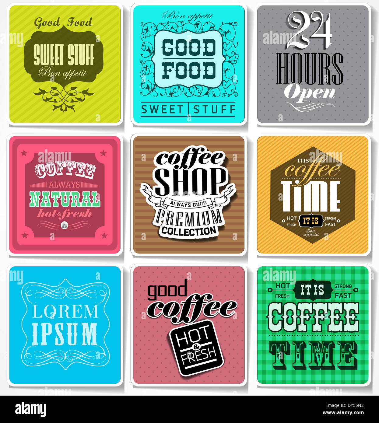 Vintage colored bakery labels and typography, coffee shop, cafe, menu ...