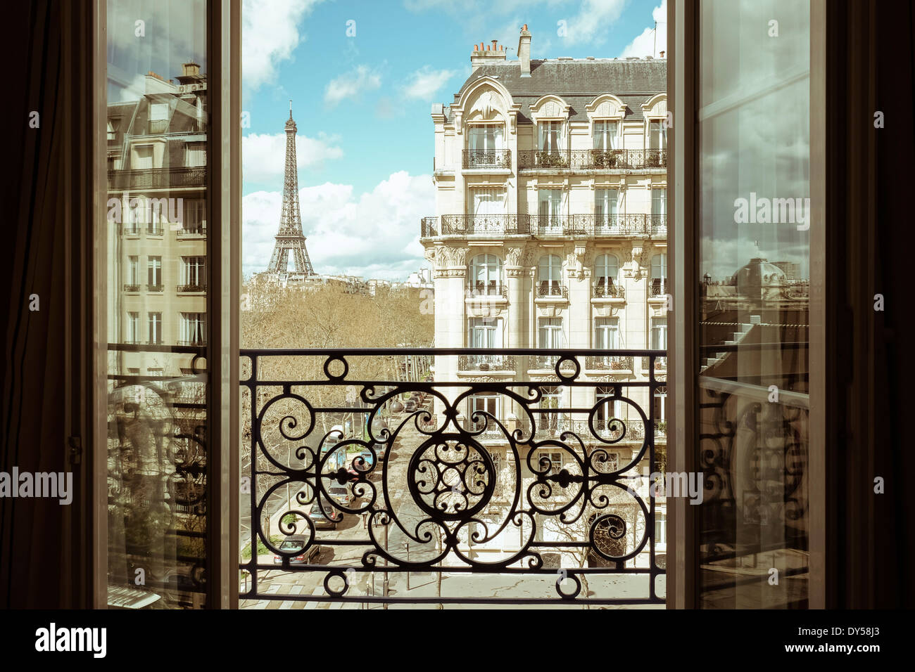 The Eiffel Tower, Paris, France, viewed through an open window Stock ...
