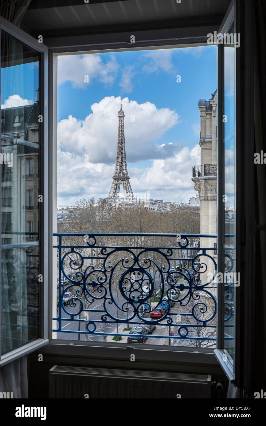 The Eiffel Tower, Paris, France, viewed through an open window Stock ...