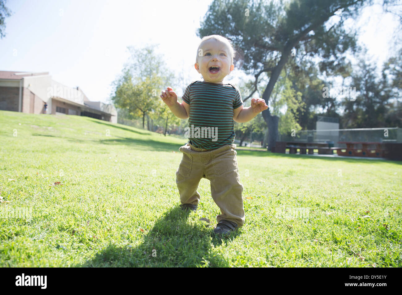 Baby boy learning to walk on grass Stock Photo - Alamy
