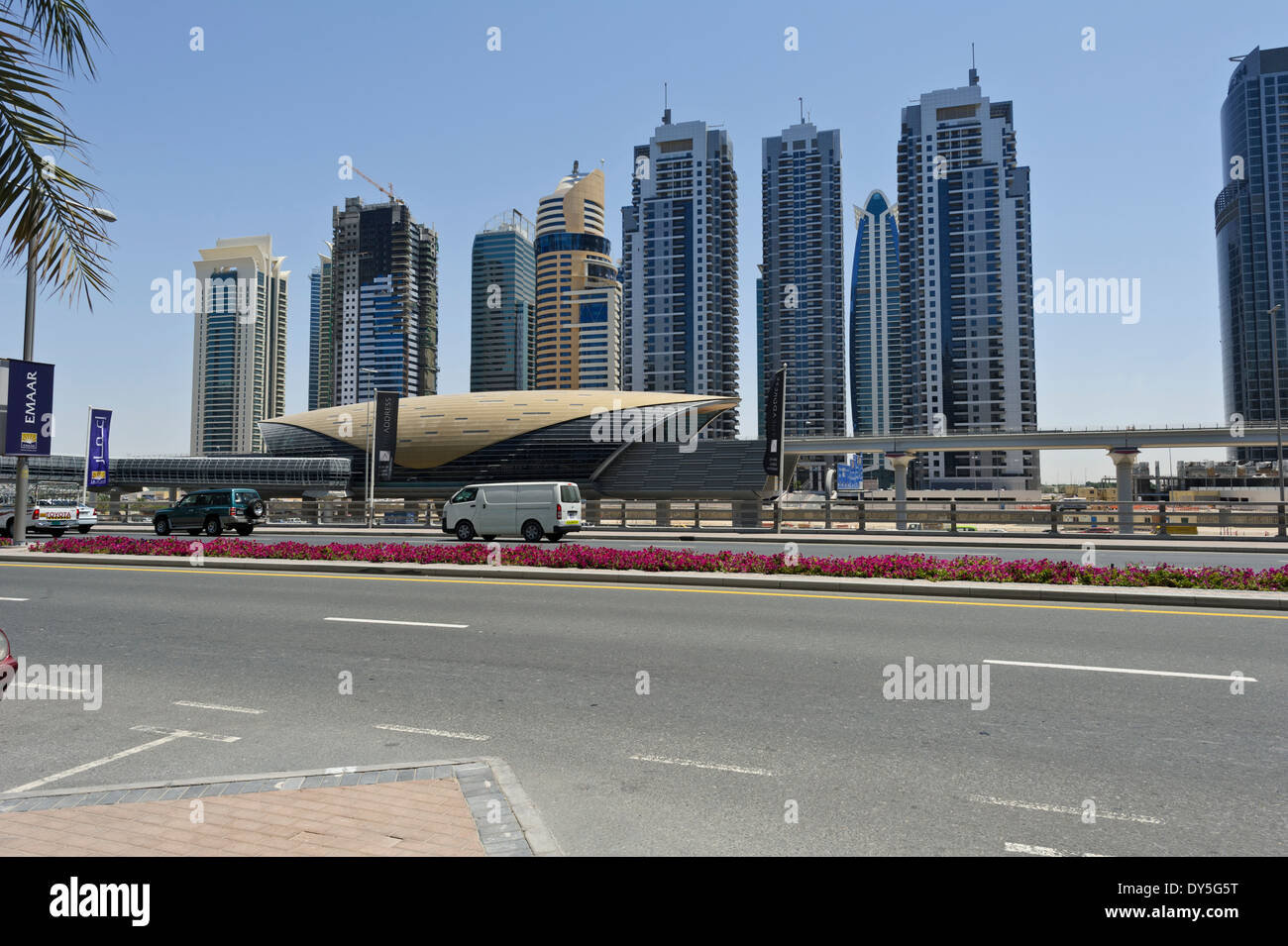Exterior of a Metro Station with modern skyscrapers, Dubai, United Arab ...