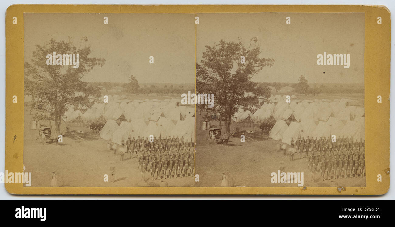 This historical image shows a Union Army military camp during the ...