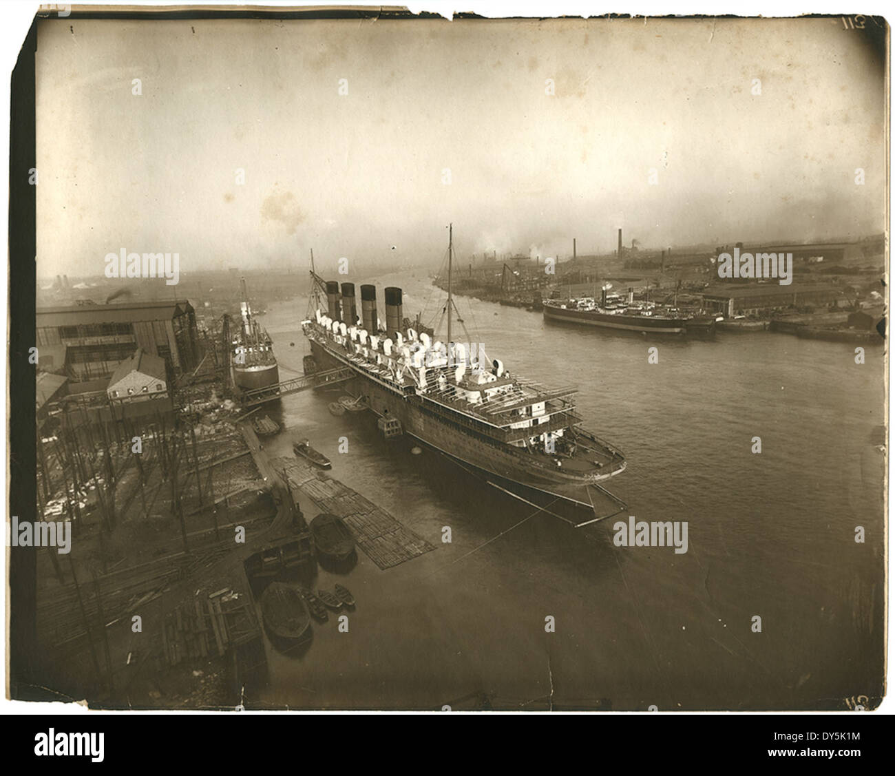 The RMS Mauretania is seen during its fitting-out phase, highlighting ...