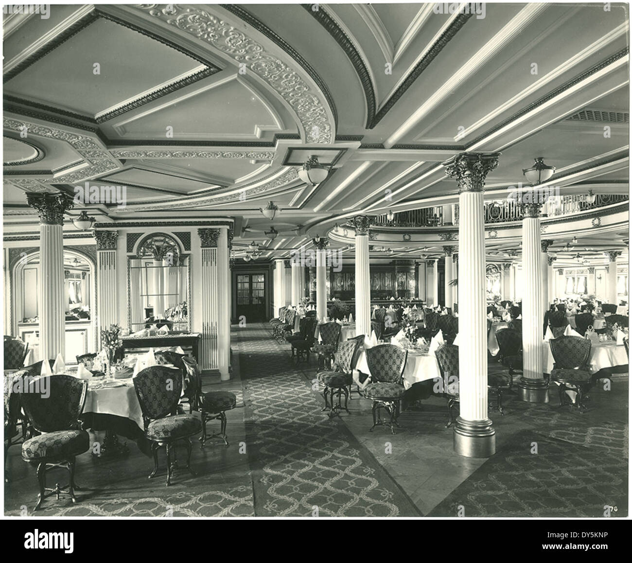 The first-class lower dining saloon aboard the RMS Lusitania is a ...