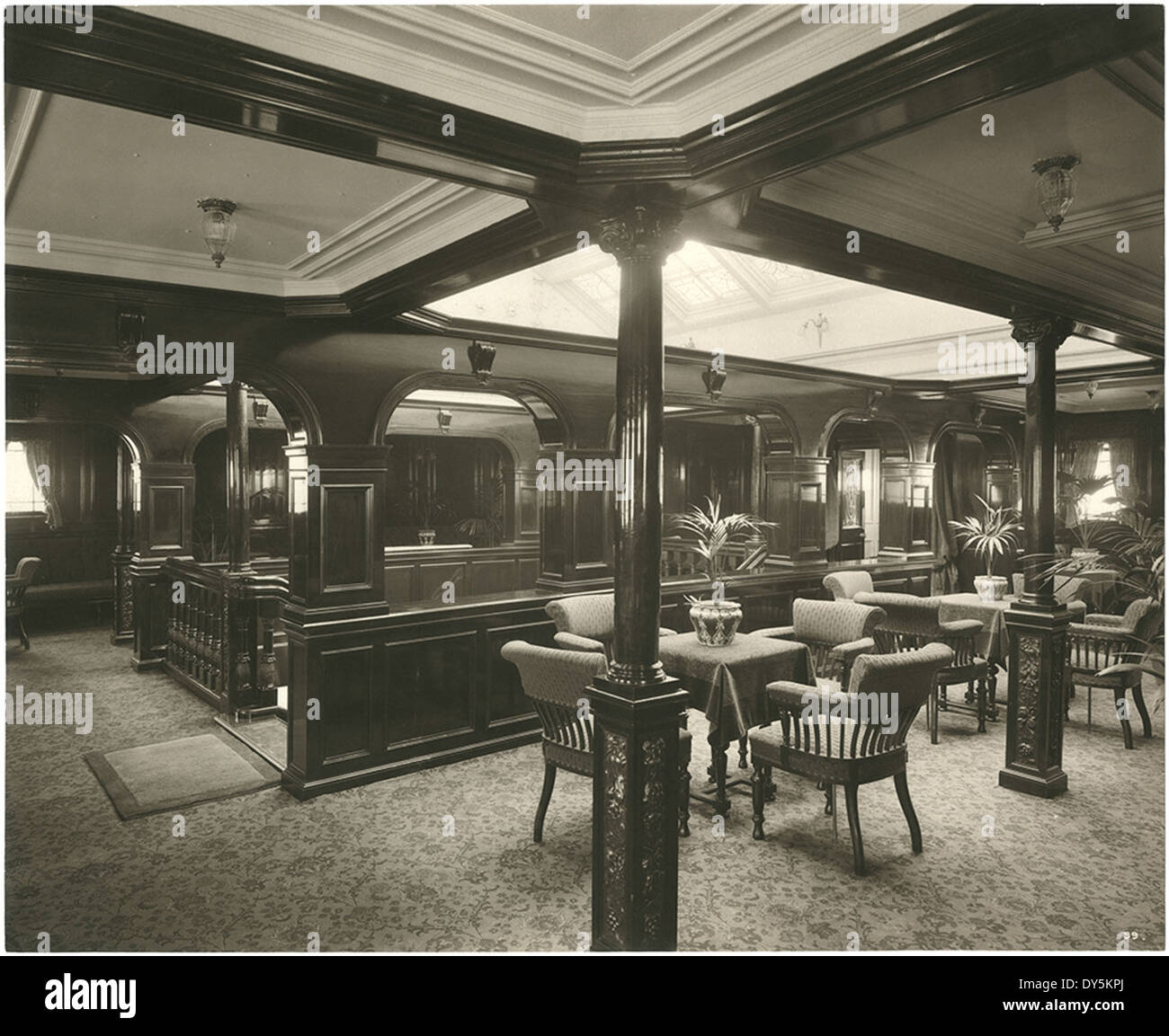 The image shows the second-class lounge on the RMS Lusitania, a Cunard ...