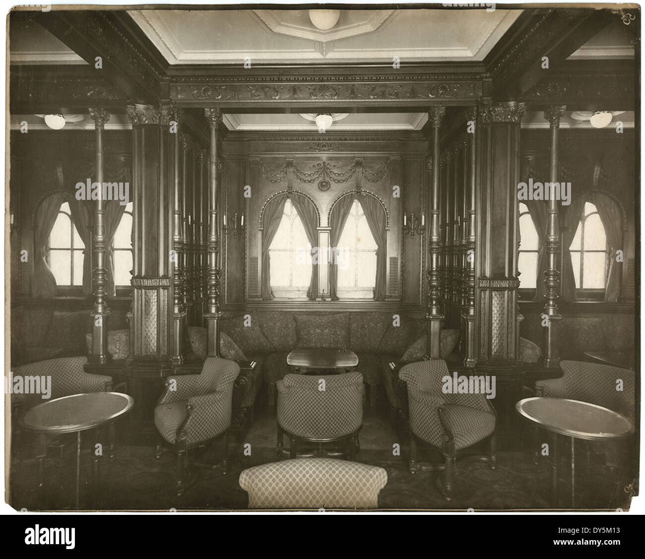 The first-class smoking room aboard the RMS Mauretania is an elegantly ...