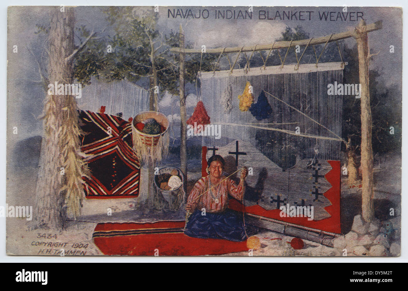 A Navajo woman is depicted weaving a traditional blanket, an art form ...