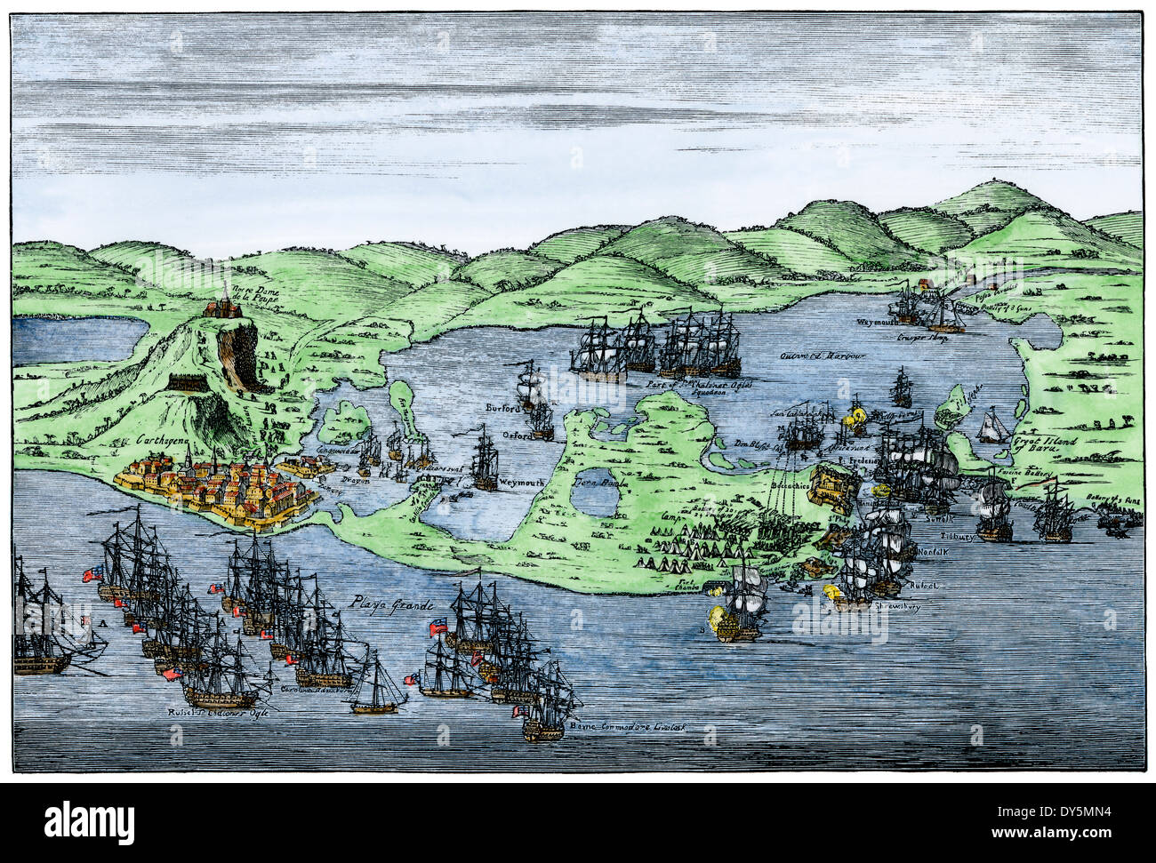 British naval invasion of Cartagena, Colombia, 1741. Hand-colored ...