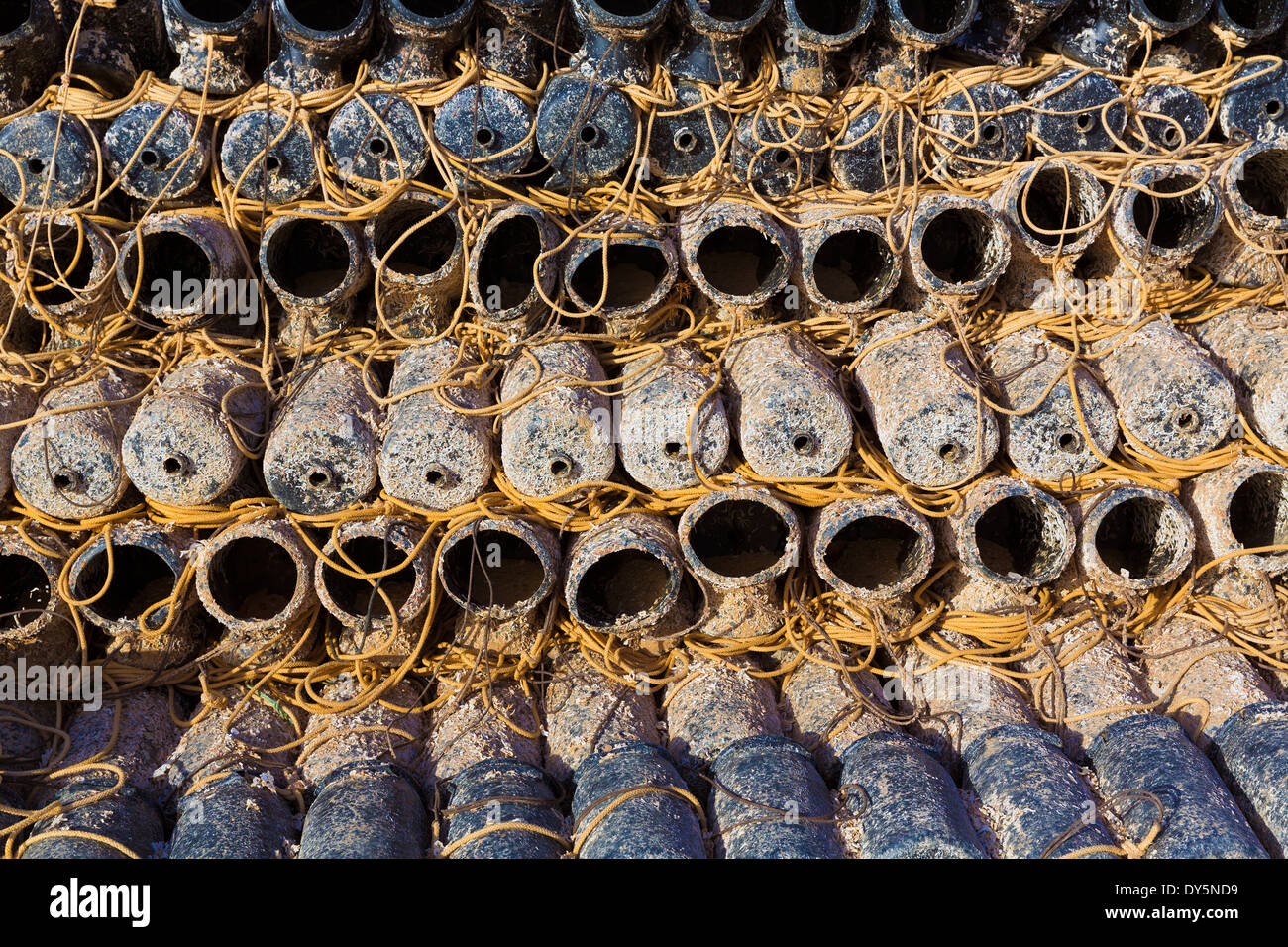 Javea Octopus fishing tackle stacked in port at Alicante Spain Stock ...