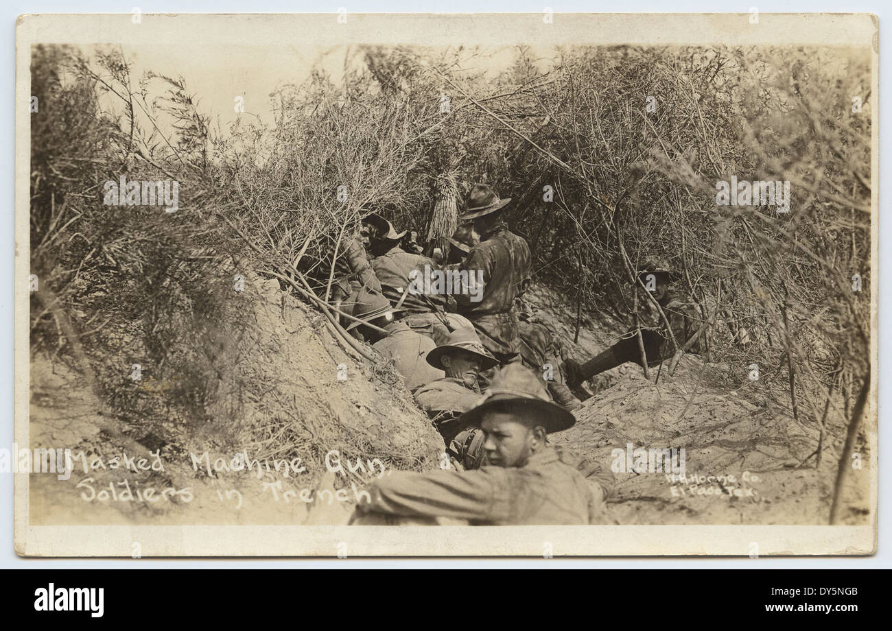 Masked machine gun soldiers in a trench during the Mexican Revolution ...