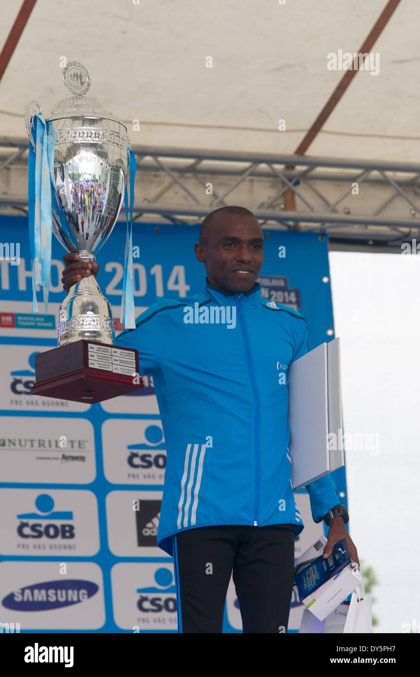 Joel Maina Mwangi (KEN)- the winner of the CSOB Bratislava Marathon 2014 with the Marathon Cup ...